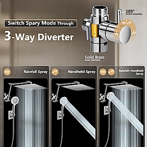 Dual Shower Head, 10'' High Pressure Rain Shower Head with 16'' Upgraded Adjustable Extension Arm, 3+1 Settings Handheld Spray,Built-in Power Wash,Retractable 60'' Shower Hose, 3-Way Diverter, Chrome