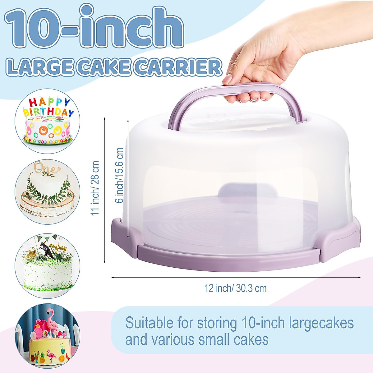Bokon 4 Pieces Plastic Cake Carrier Large Round Cake Holder Portable Cake Container Serve as Five Section Serving Tray Large Cheesecake Stand with Lid & Handle Fits 10 Inch Cake Pies Dessert