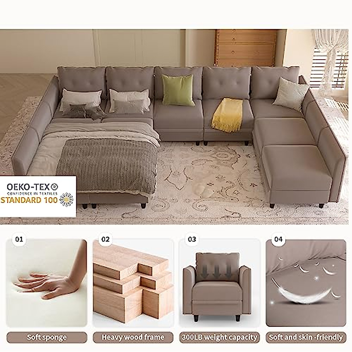 LLappuil Velvet Modular Sectional Sofa with Reversible Chaises, 7 Seater U Shape Sectional with Storage, Waterproof, Anti-Scratch and Antistatic Modular Couch for Living Room, Brown
