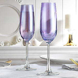 Home to Table Elegant Purple Flute Champagne Glasses Set of 4, 7oz With Stem - Fancy Glass Cups - Modern Unique Drinking Glasses for Home, Dinner Table, Parties