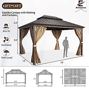 Erinnyees 12' X 14' Hardtop Gazebo,Galvanized Steel Double Roof with Mosquito Net and Shaded Curtains for Patio, Deck, Lawns, Backyard