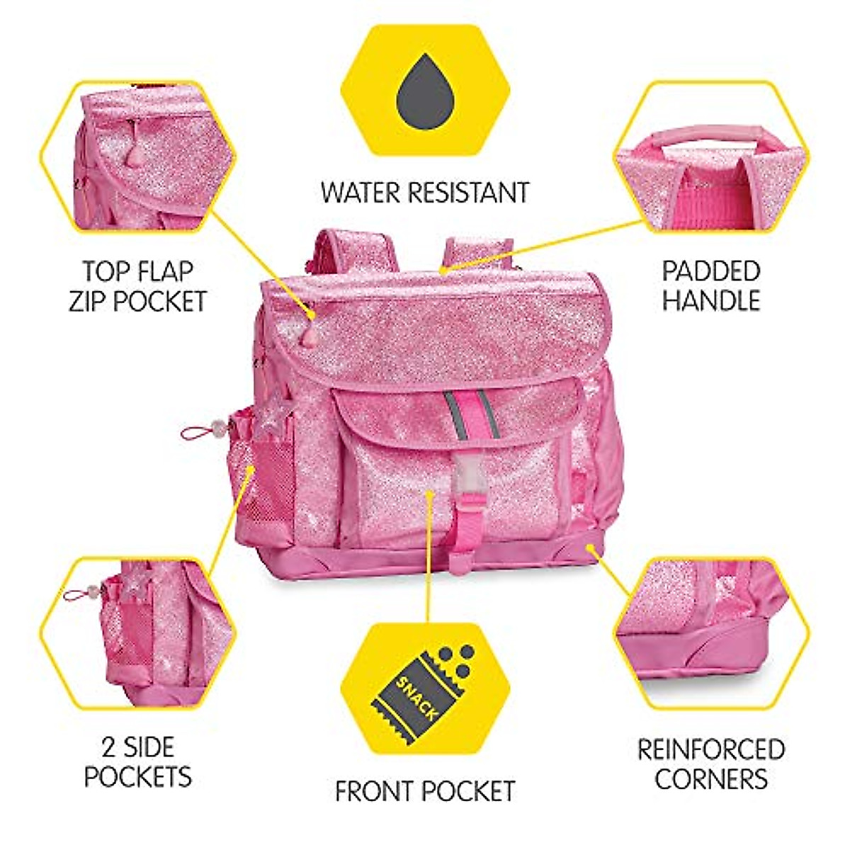 Bixbee Kids Backpack, Water Resistant Backpack for Girls & Boys with Pockets, Durable Zippers & Easy Carry Design - Perfect Size Children's Bookbag for School & Travel in Sparkalicious Pink- Medium