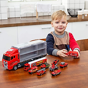 Joyfia 10 in 1 Fire Truck Toys, Mini Die-cast Fire Engine Car Toy Set in Carrier Truck, Rescue Emergency Double Side Transport Vehicle for 3 Years Old Boys and Girls