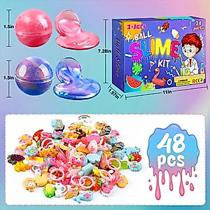 24+48 Galaxy Slime Party Favors for Kids, Slime Balls Pack Bulk Unicorn Mermaid Stress Relief Slime Gift Toys with Rings Slime Charms for Girls Boys 10-12, Crystal Clear Non-Sticky, Fluffy, Slime Kits