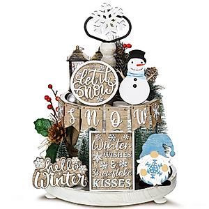 Qunclay Christmas Winter Tiered Tray Decor Wooden Signs Snowman Snowflake Wood Blocks Winter Farm Directional Sign Rustic Tabletop Signs Farmhouse Tiered Tray Decorations(Snowman Style, 12 Pcs)