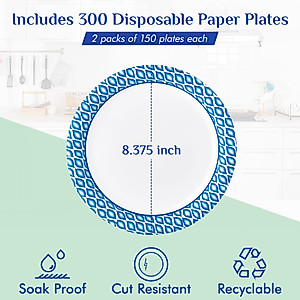 MUCHII 8.375 Inch Disposable Paper Plates, 300 Count Disposable Paper Plates, Soak Proof Paper Plates for Daily Use, Cut Proof Holiday Paper Plates for Family Gatherings, Parties, Picnic And So On