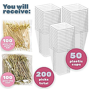 CUSINIUM [50 Cups + 200 Picks 5oz Plastic Charcuterie Cups with Cocktail Picks (2 Types) - Disposable Clear Appetizer Cups