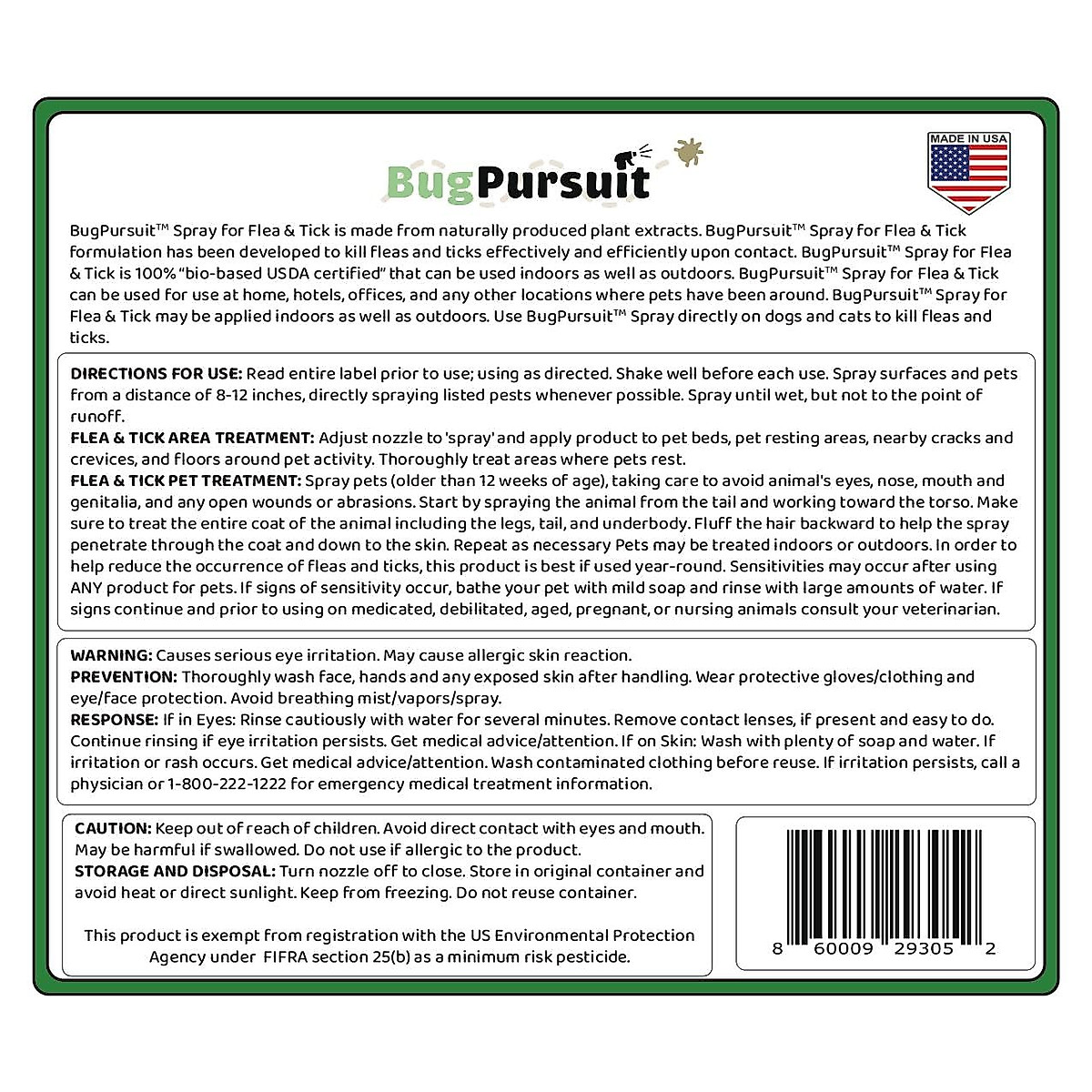 BugPursuit 24oz Flea &Tick Spray, Flea and Tick Prevention for Dogs, Cats, Non-Toxic, Safe for Pets & Kids, Flea and Tick Spray for Home, Killer Flea, Tick, Lice, 100% USDA Biobased, Made in USA