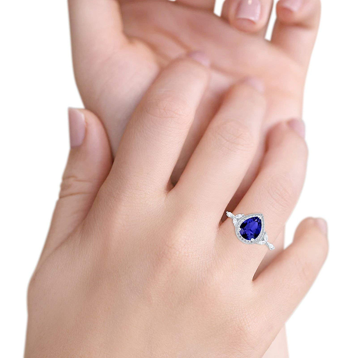 Simulated Blue Sapphire CZ Size-8 Teardrop Pear Art Deco Engagement Wedding Bridal Halo Ring Round Marquise Simulated CZ 925 Sterling Silver