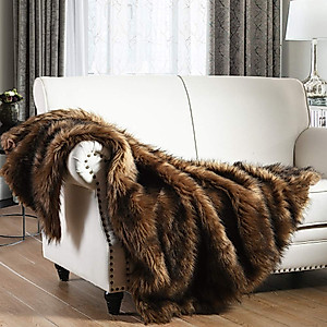 HORIMOTE HOME Luxury Plush Faux Fur Throw Blanket, Long Pile Brown with Black Tipped Blanket, Super Warm, Fuzzy, Elegant, Fluffy Decoration Blanket Scarf for Sofa, Armchair, Couch and Bed, 60''x 80''