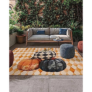 Thanksgiving Fall Outdoor Rug for Patio/Deck/Porch, Non-Slip Large Area Rug 6x9 Ft, Orange Black Pumpkin Fall Orange Plaid Indoor Outdoor Rugs Washable Area Rugs, Reversible Camping Rug Carpet Runner