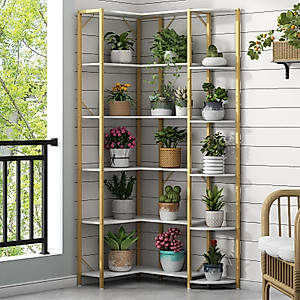 Loomie Gold Corner Shelf, 6-Tier 70.87" H Corner Bookcase, Tall Modern Corner Bookshelf Storage Display Rack, Open Book Case for Home Office & Living Room, Gold Finish Metal Frame & White Shelving