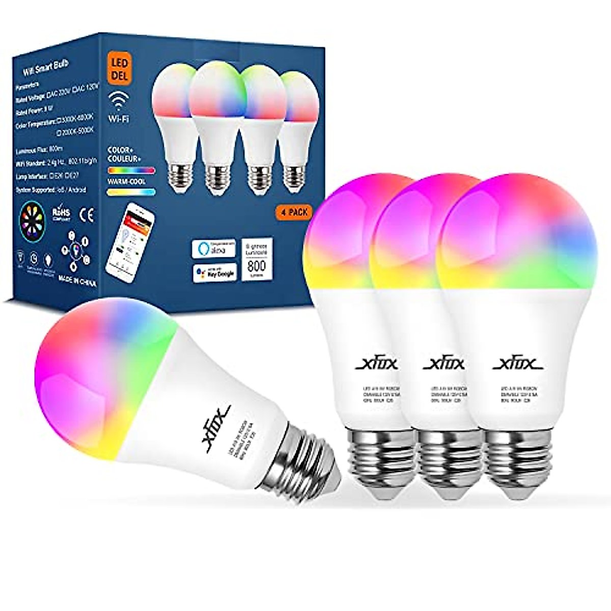 Smart Light Bulbs RGB+CCT Color Light Bulb WiFi Smart Bulbs Compatible with Alexa Google Home Smart Things No Hub Required Dimmable LED A19 E26 Multicolor High CRI High Brightness 9W 800LM 4Pack