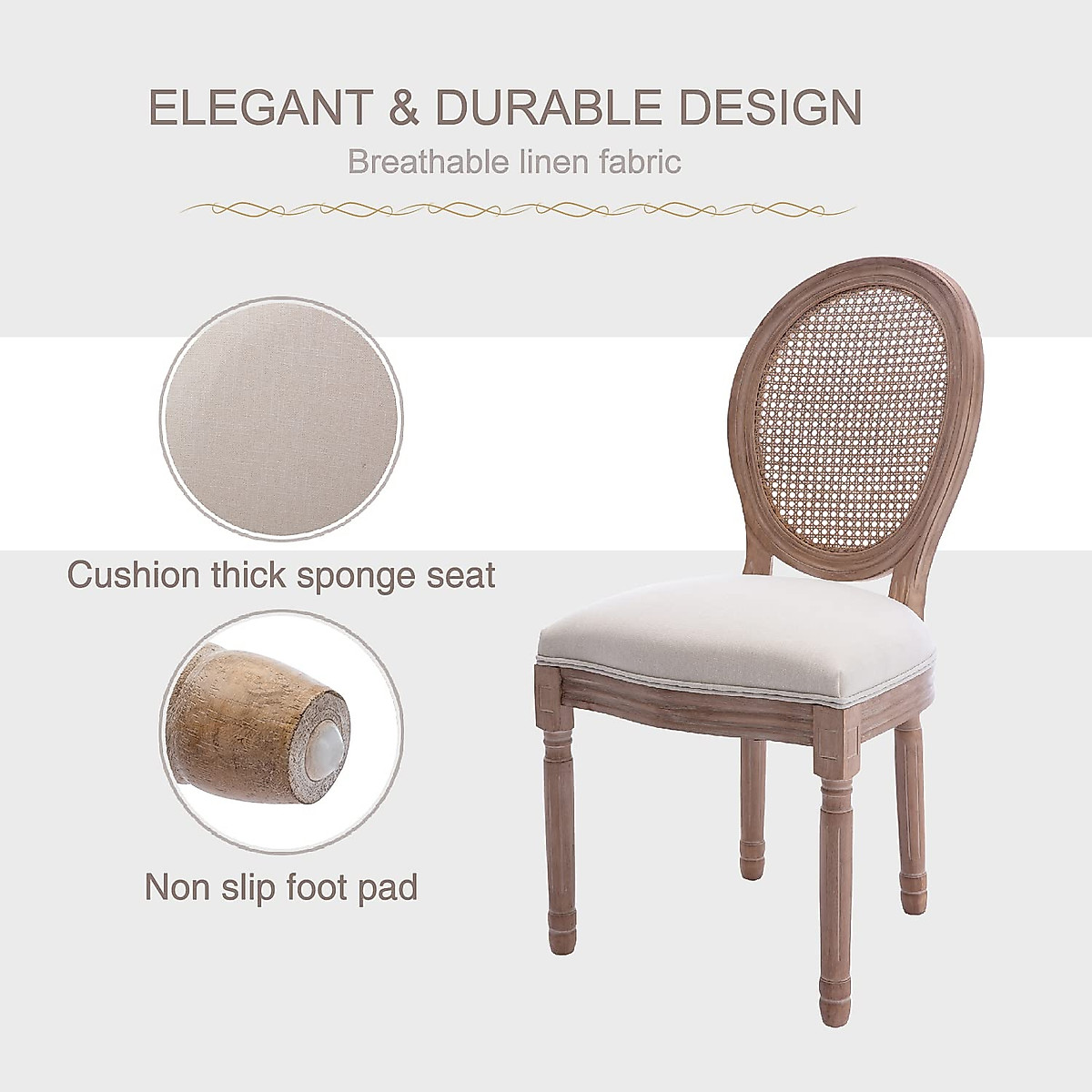 Virabit French Dining Chairs Set of 6, Rattan Farmhouse Upholstered Dining Chairs with Curved Backrest and Beautifully Carved Solid WoodFrame for Living Room, Kitchen, Restaurant