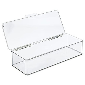 mDesign Long Plastic Kitchen Pantry/Fridge Storage Organizer Box Containers with Hinge Lid for Shelves or Cabinets, Holds Food, Snacks, Seasoning, Condiments, Flatware, Utensils - 4 Pack - Clear