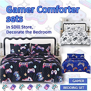 SDIII 3PCS Dark Blue and White Gamer Sheets Twin, 1 Fitted Sheet and 2 Pillowcases, Bed in a Bag Gaming Bedding Sheet, Cute Bed Sheets for Kids Boys and Girls