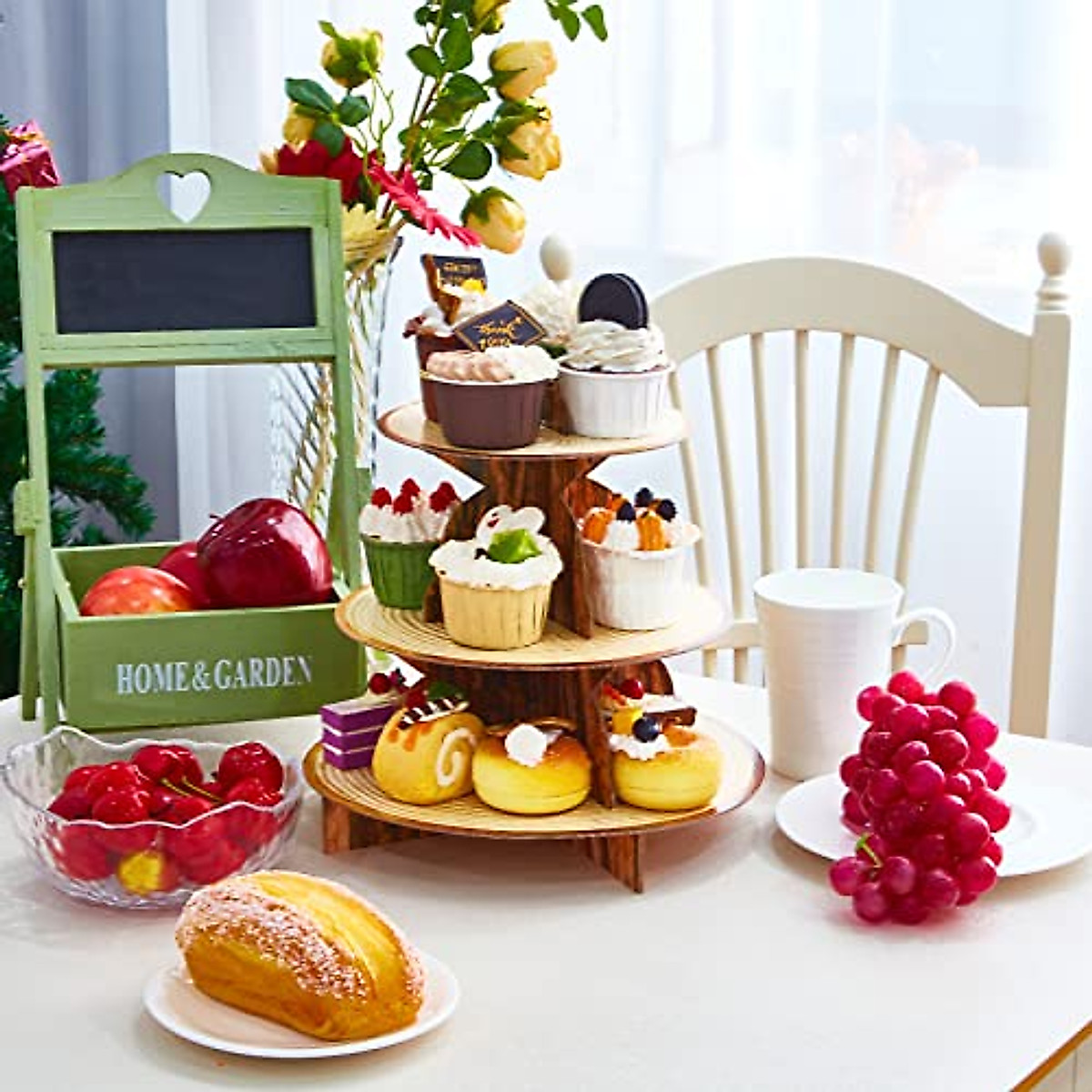 3 Tier Woodland Cardboard Cupcake Stand Wild Round Cupcake Tower Display Wood Grain Cupcake Holder Birthday Party Dessert Tower Decor Supplies