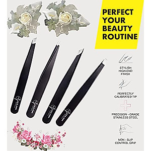 S.A.Q. JILLANI Eyebrow Precision Tweezers Set- For Men and Women Facial and Ingrown Hair Removal - Professional Stainless Steel Splinter and Slant 4 Pieces with Case (Black)