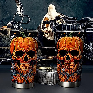 ORCAE 20oz Halloween Tumbler, Skull Tumbler, Halloween Pumpkin Skull Tumbler Cup, Insulated Travel Mug with Lid, Coffee Thermos for Men, Women, Halloween Gifts - D