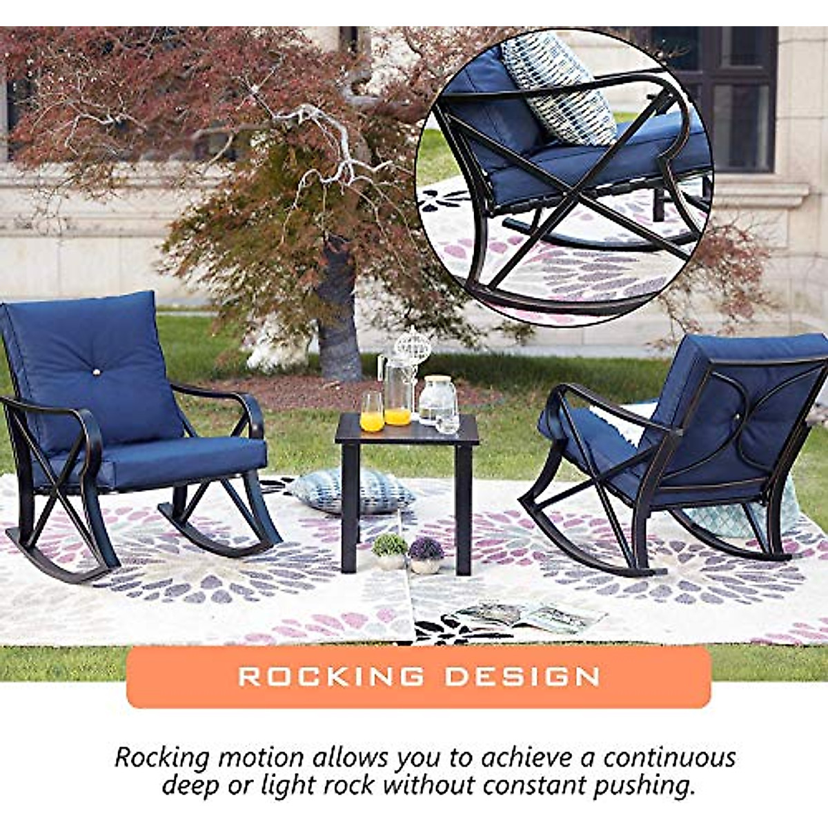 LOKATSE HOME 3-Piece Outdoor Patio Rocking Steel Furniture Bistro Set with 2 Rocker and 1 Metal Square Coffee Table(Blue Thickened Cushion)
