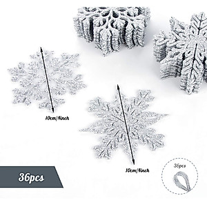36Pcs Plastic Snowflake Ornaments, Christmas Silver Glitter Snowflake Hanging 4 Inches Large Snowflake Pendants Decorations for Christmas Tree Window Wedding Embellishing Party Decorations(Silver)