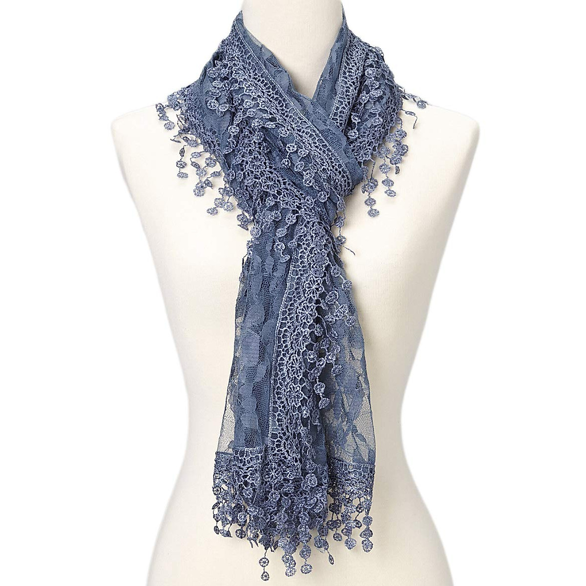 Cindy and Wendy Lightweight Soft Leaf Lace Fringes Scarf shawl for Women (Navy)