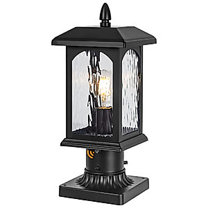 Dusk to Dawn Outdoor Post Light Fixture with Pier Mount Base - Waterproof Pole Outdoor Lighting, Modern Black Pillar Lantern Outside with Tempered Rippled Glass for Pathway, Garden, Patio, Anti-Rust