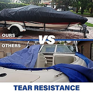 Waterproof 17'- 19' Boat Cover - Heavy Duty 600D Dual PU Trailerable Marine Grade Polyester Canvas, Fits 17-19ft V-Hull, Tri-Hull, Fishing Boat, Runabout, Pro-Style Bass Boat with Tightening Strap