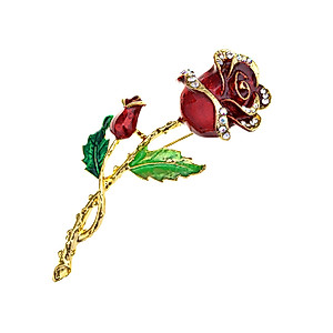 Alilang Womens Belle Red Rose Flower Enamel Crystal Rhinestone Brooch Pin Golden Tone