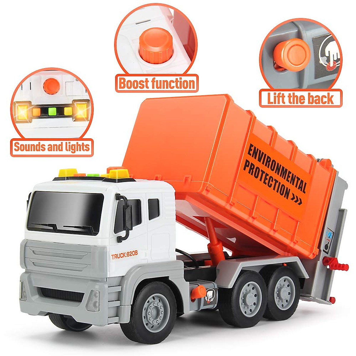 12" Garbage Truck Toys Trash Truck Dump Truck with 4 Garbage Cans, Friction Powered Truck with Sound and Light,Push and Go Pull Back Car for Boys