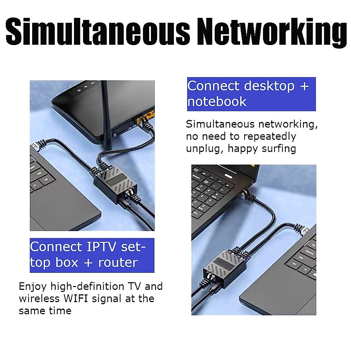 MVBOONE Ethernet Splitter 1 to 2 [Simultaneous Networking], RJ45 Network Switch Extender Converter with USB Power Cable, Suitable for Computer/Router/TV Box, CAT 5/6/6E/7/8