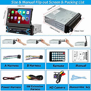 Wireless Carplay Single Din Touchscreen Car Stereo with Wireless Android Auto, 7 Inch Flip Out Screen Car Radio with Bluetooth, Flip Up Car Audio Receivers with Camera, SWC, FM/USB/AUX/TF/Subwoofer