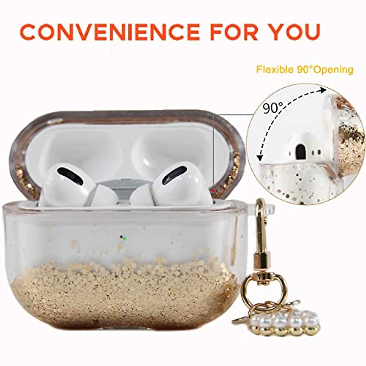 QIXIU Quicksand Headphone Case Compatible with AirPods Pro,Kawaii Cute Sparkle Liquid Protective Case,Funny Creative Hard Clear Airpods Pro Cover with Keychain (Gold,AirPods Pro)