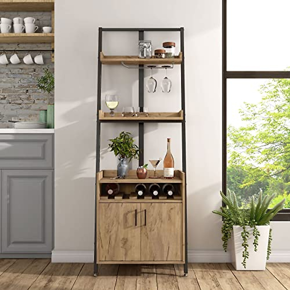 Furniture of America Abner Rustic Industrial Style 2-Shelf Multi-Functional Cabinet with Wine Rack, Buffet, Home Bar for Dining, Living Room, Kitchen, Black-Ample Storage Space, Versatile Usage, Brown