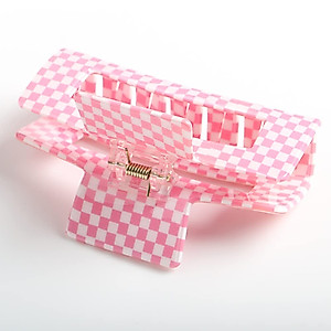 Checkered Hair Claw Clips,Pack of 1,Vintage Checkered Claw Clips Cellulose Acetate Banana Clips,Nonslip Banana Hair Clamp for Women Girls (Pink,L)