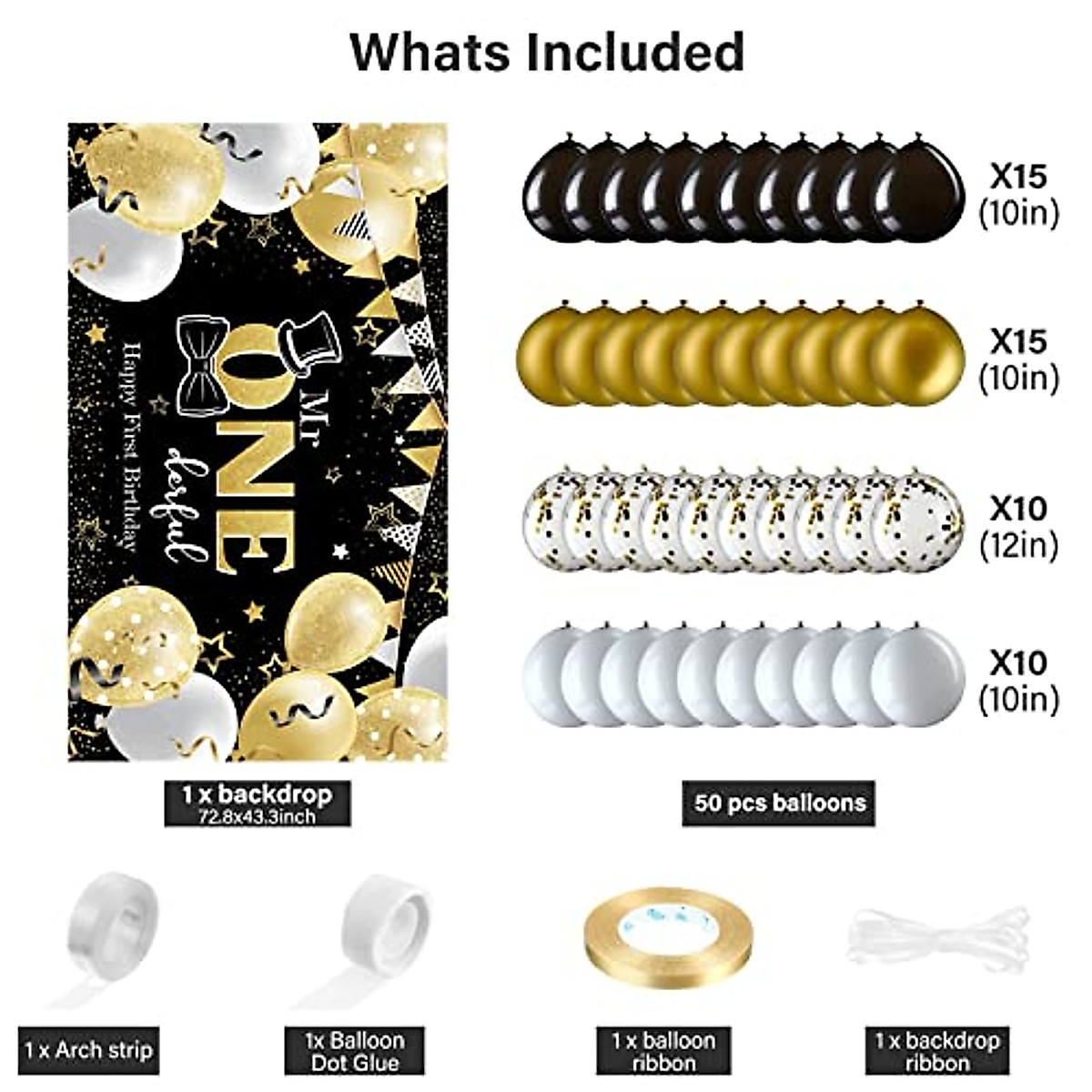 Boys 1st Birthday Decoration Mr. Onederful Birthday Party Supplies 1st Happy Birthday Backdrop Photography Background with Balloons for Baby Toddler Little Man First Birthday Decor (Black and Gold)