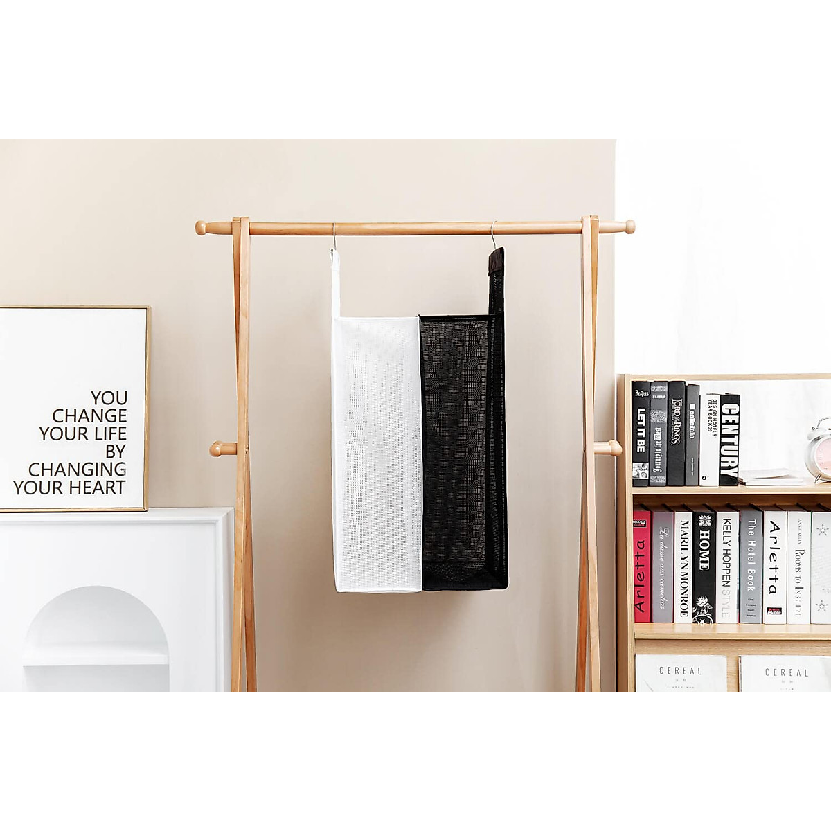 ALYER 2 Sections Collapsible Mesh Laundry Hamper,Hanging Heavy Duty Laundry Basket and Durable Dorm Bathroom Storage Bag with Two Hangers,Black & White