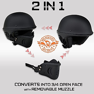 Milwaukee Helmets MPH9830DOT Rascal 3/4 Open Face Flat Black 2 in 1 Motorcycle Helmet Biker - Large