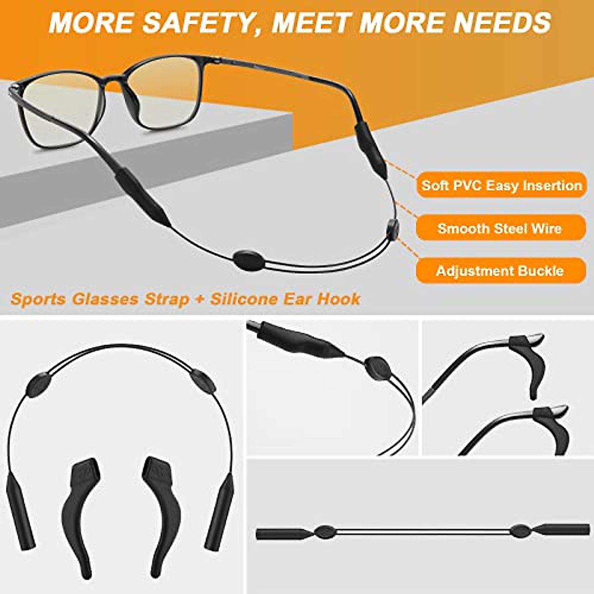 Yeahxing Adjustable Glasses Strap, 4 Pack 14Inch Eye Glasses String Strap with Retainer Ear Cushion, No Tail Anti Slip Sunglasses Strap, Eyeglass Straps, Glasses Straps for Men Women Kids