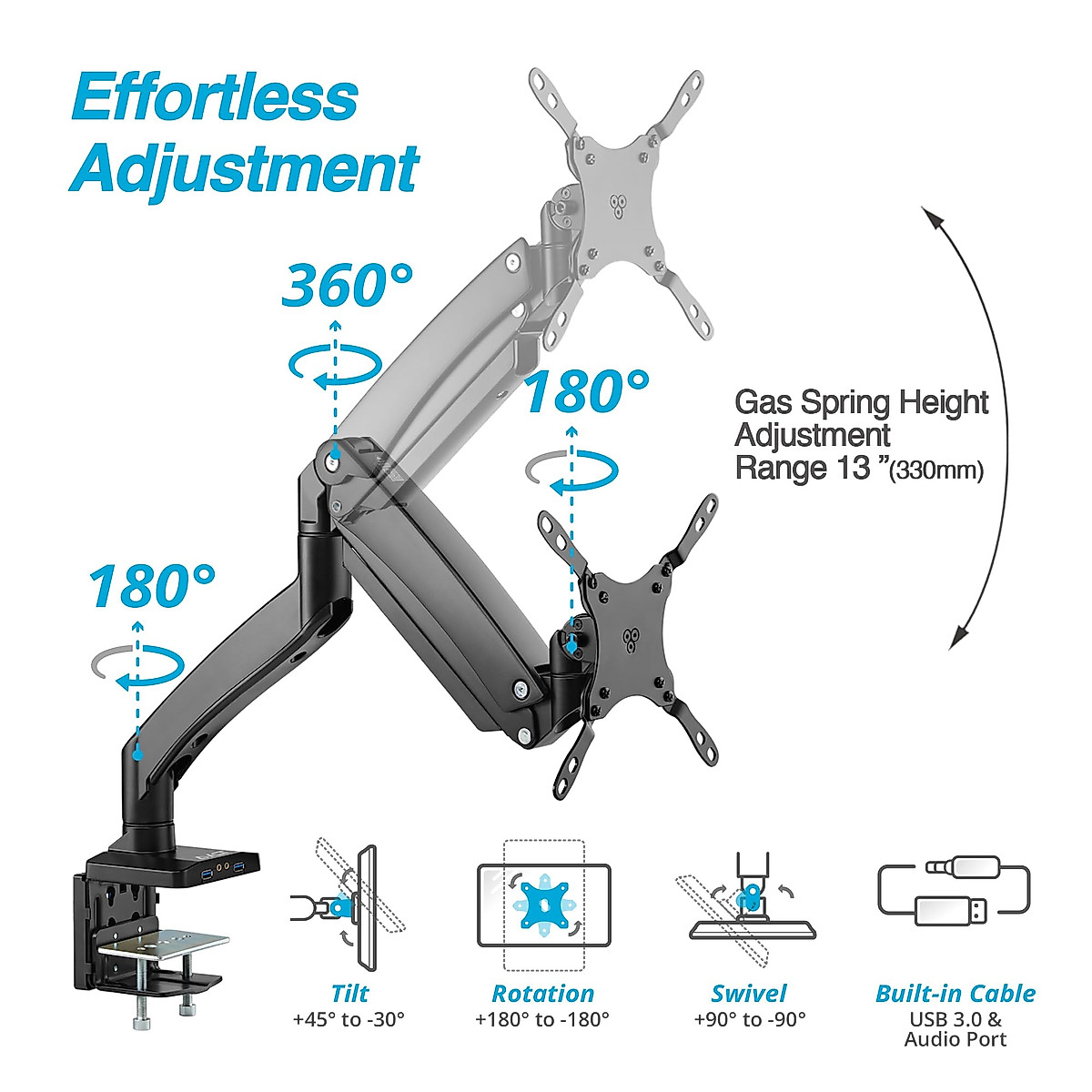AVLT Single 17"-49" Super Ultrawide Monitor Arm for Screens Up to 50 lbs, Premium Aluminum Desk Stand, Adjustable Pneumatic Height, Full Motion Swivel Tilt Rotation, USB 3.0 & AUX Ports, Black