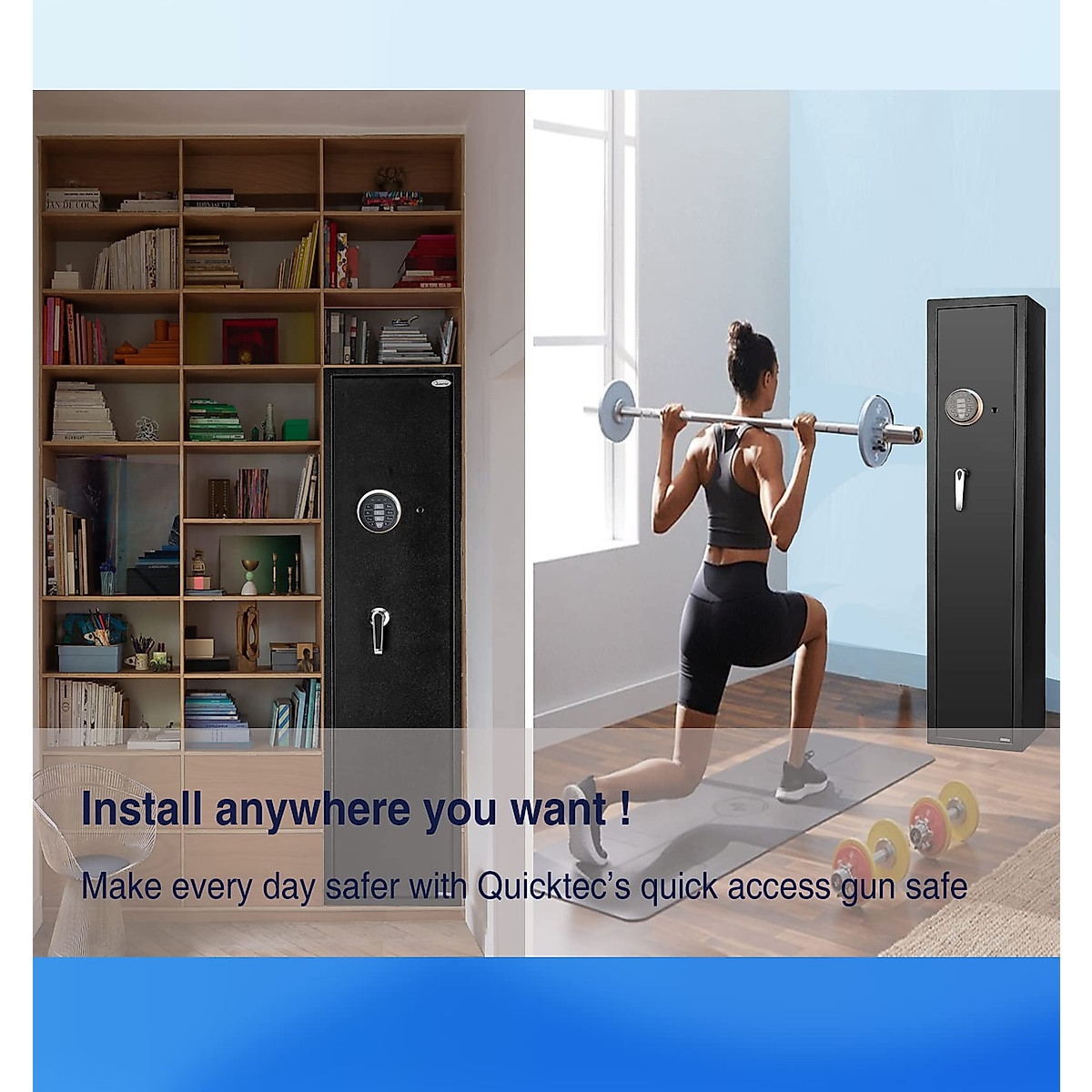 Quicktec Larger and Deeper Rifle Safe, New and Improved Gun Safe for 5-6 Rifles and Shotguns for Home, Quick Access Gun Storage Cabinet (w or w/o Scope) with Pistol Lockbox Silent Mode