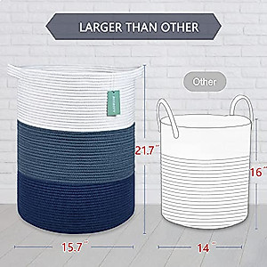 BOSROTY Extra Large Blanket Basket, Tall Laundry Basket, Laundry Hamper, Large Storage Basket, 15.7”x 21.7”,Cotton Rope Basket, Woven Basket, Toy Basket, Clothes Baskets, White&Cadet Blue&Navy Blue