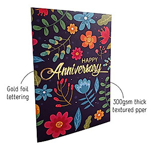 Anniversary Card - Gold Foil Multicolored Floral Dark Blue Textured Greeting Card with Kraft Envelope - 5" x 7" - Happy Anniversary Card For Couple, Valentine, Employee, Him or Husband - Blank Inside