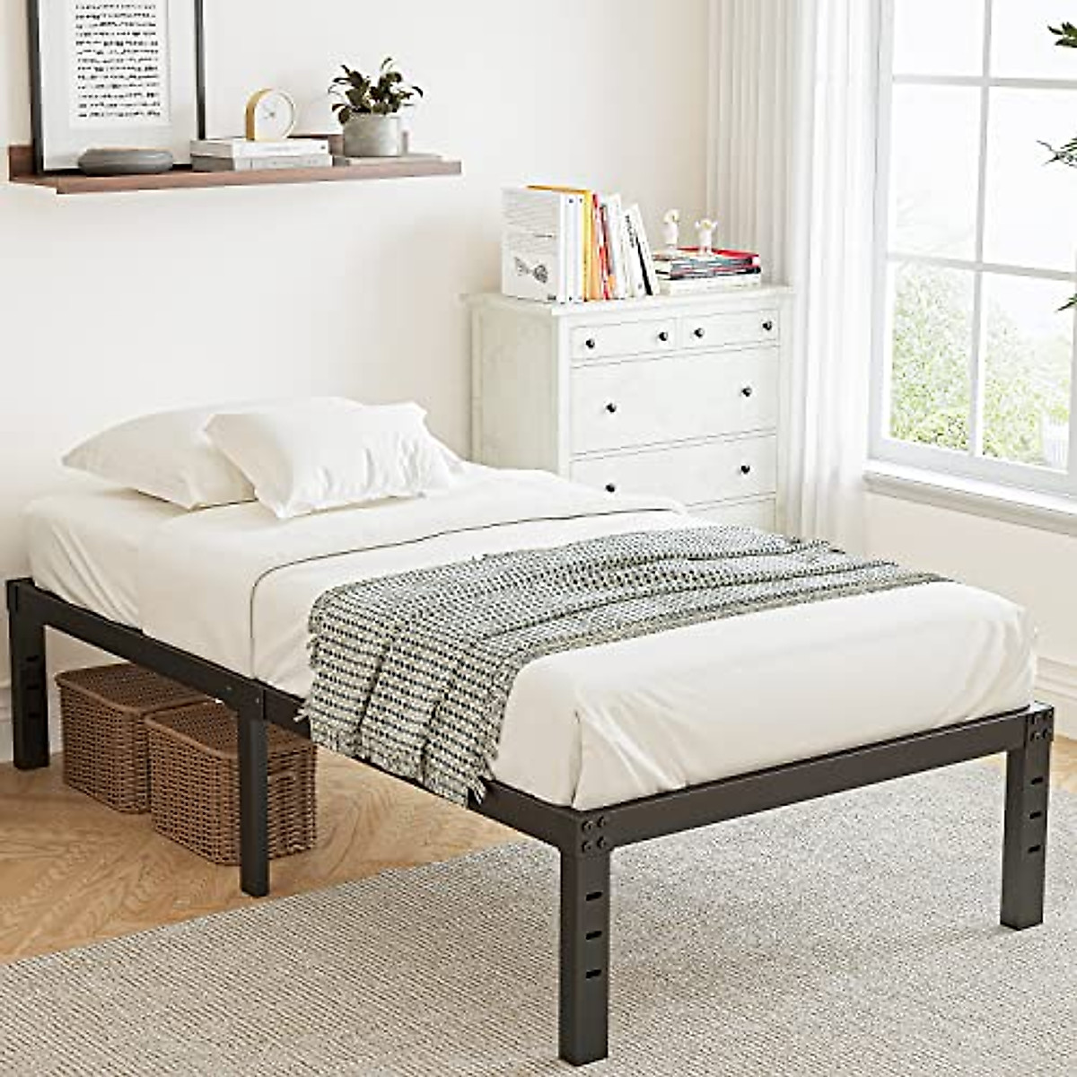 Breezehome Twin Size Bed Frame with Wide Wood Slats / 14 Inch High Heavy Duty Meta Mattress Foundation/Noise-Free Platform/No Box Spring Needed/Easy Assembly