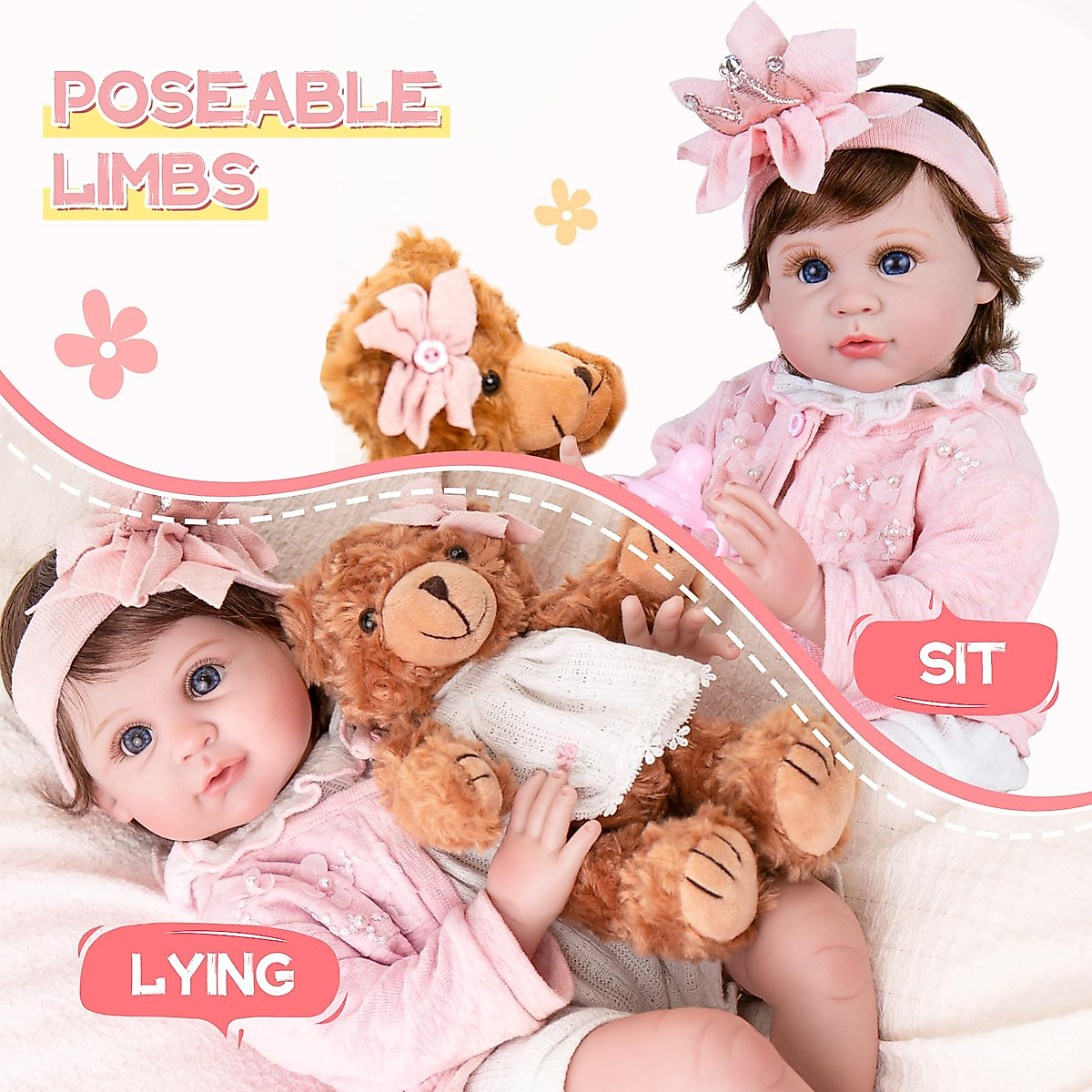 Aori Reborn Baby Dolls - 22 inch Lifelike Realistic Baby Girl Doll with Feeding Toy Accessories for Kids 3+