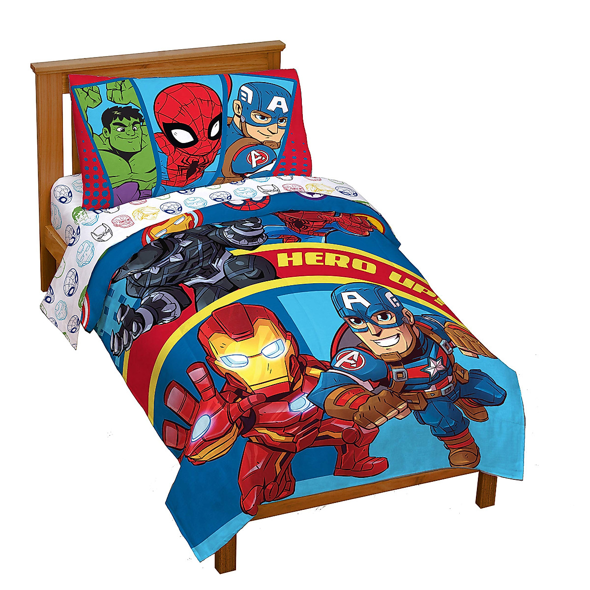 Jay Franco Marvel Super Hero Adventures Double Team 4 Piece Toddler Bed Set Super Soft Microfiber Bed Set-Bedding Features Captain America,Spiderman, Iron Man & Black Panther Official Marvel Product