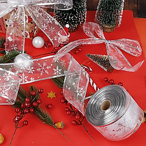 CCINEE Snowflake Christmas Organza Ribbon 2.5"X 50 Yards Silver Snowflake Wired Sheer Glitter Ribbon for Xmas Tree Decor Gift Wrapping Craft Party Decoration