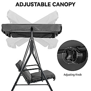 DWVO Patio Swing Front Porch Swing for Adults 3 Seat Porch Swings with Adjustable Canopy Outside Swing Bench with Removable Cushion, Suitable for Backyard, Garden, Yard, Poolside, Balcony (Gray)