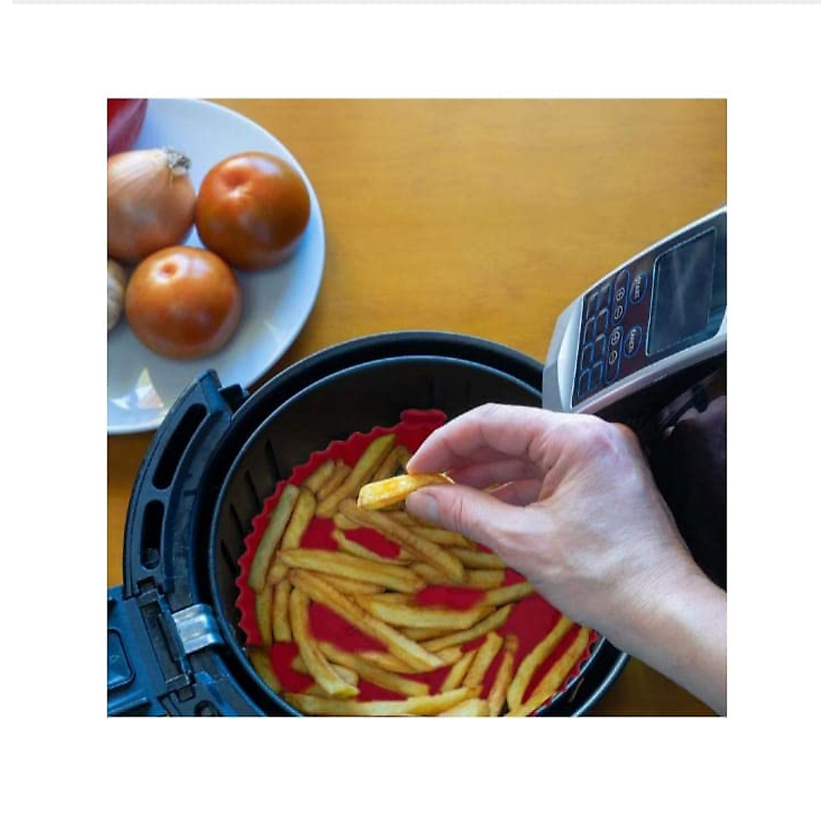 6.7 inch reusable silicone air fryer baskets; heat-resistant simple to clean. Silicone Pot for Air Fryer Oven Accessories, (Blue + Red)