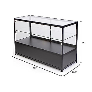 Displays2go 60 Inch Glass Showcase, Hidden Storage, LED Lights, Lockable Sliding Door - Black (IAPHV60LED)